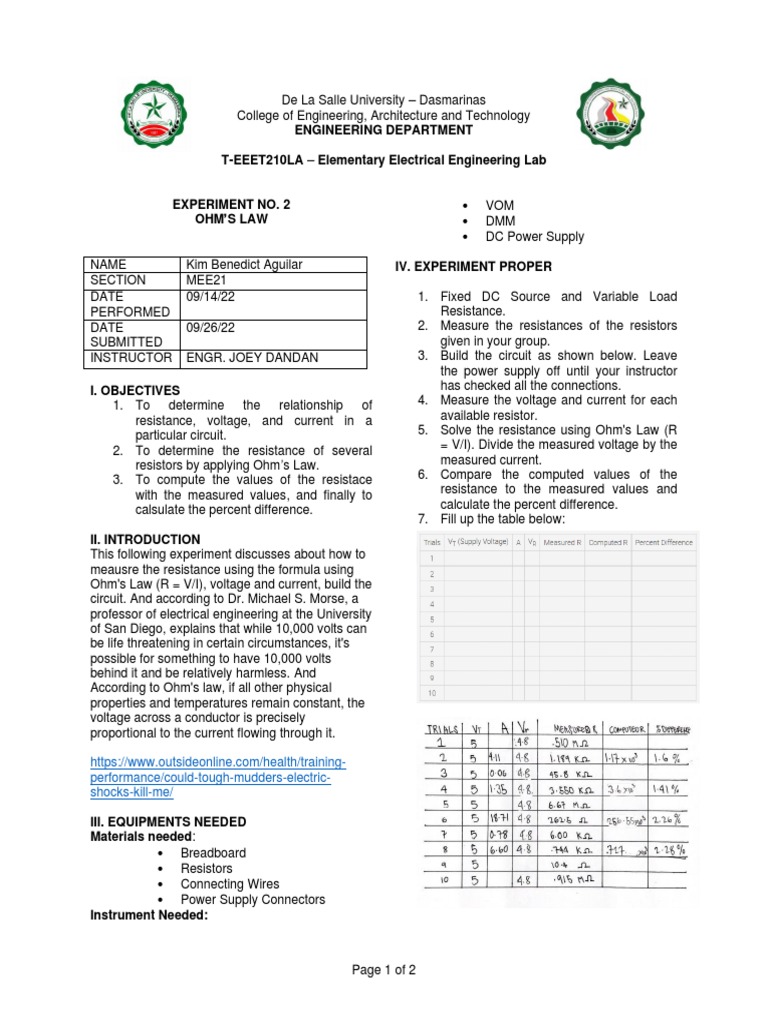EXPERIMENT 2 - Individual Lab Report | PDF | Electrical Resistance And ...