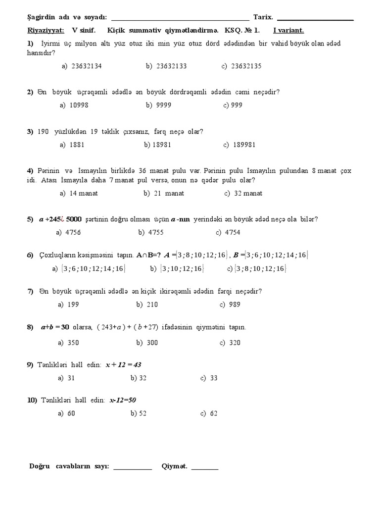S. Riyaziyyat. KSQ. 1. I-II Variant. FƏRMAN VƏLİYEV | PDF
