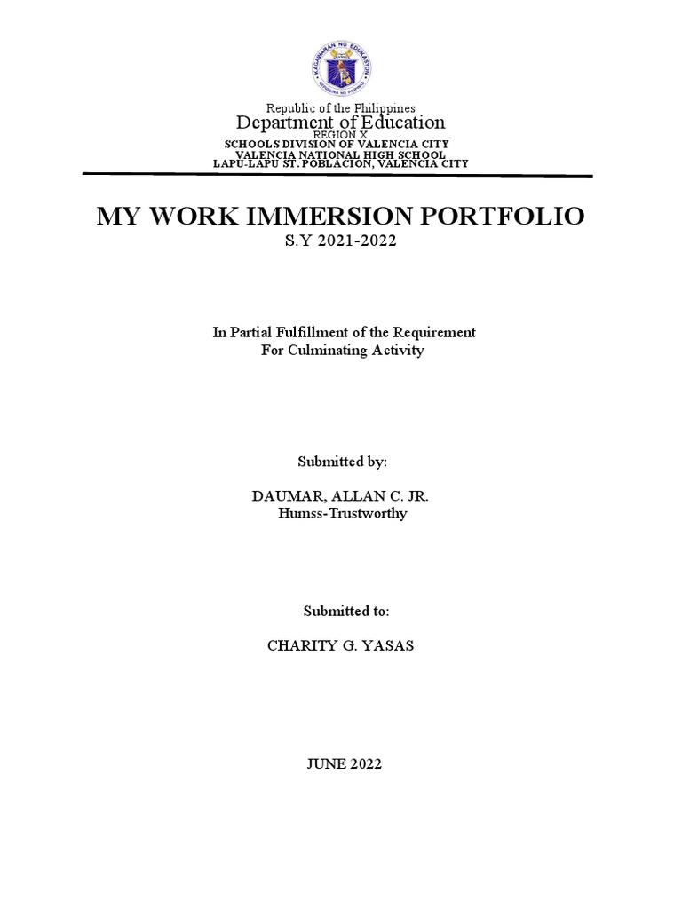 Work Immersion Format 2022 | PDF