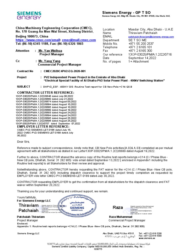 0716 - DHPV2 - ESF - 400KV GIS - Routine Test Report For CB-New Pole ...
