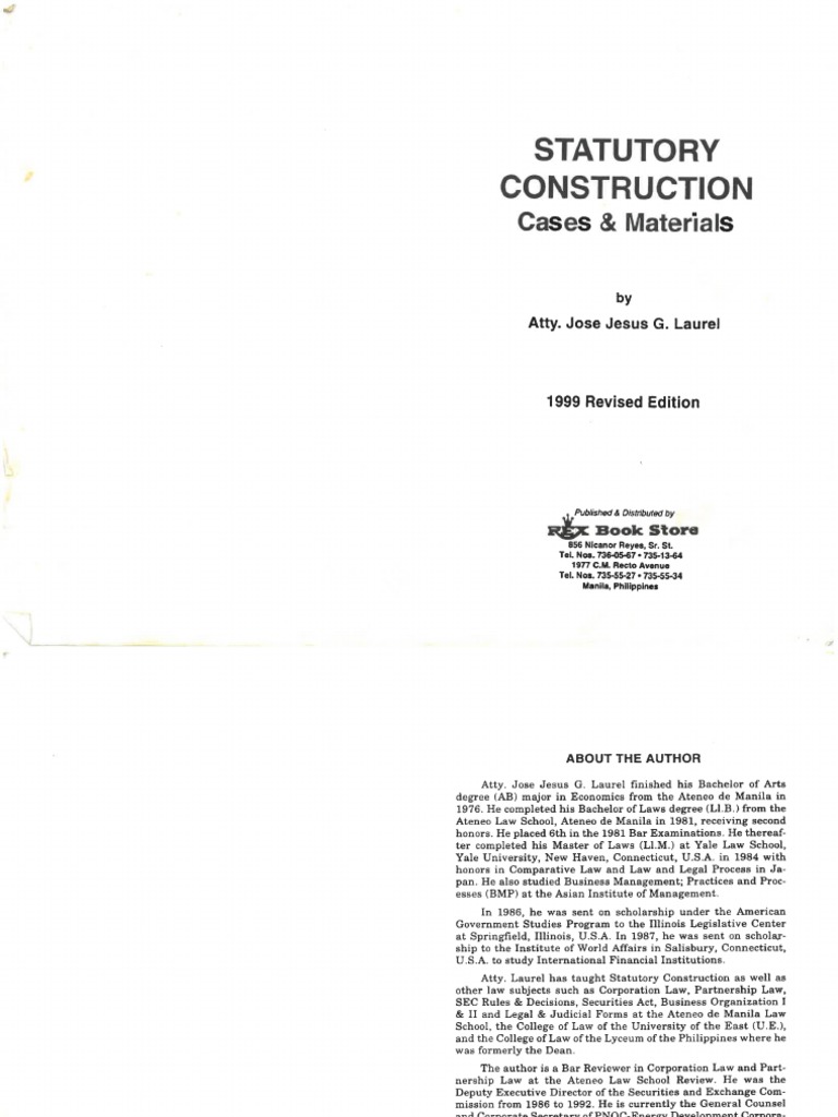 Statutory Construction Cases & Materials by JJ Laurel 1999 Revised Ed ...