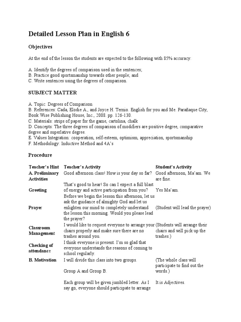 Detailed Lesson Plan in English 6 | PDF | Adjective | Lesson Plan