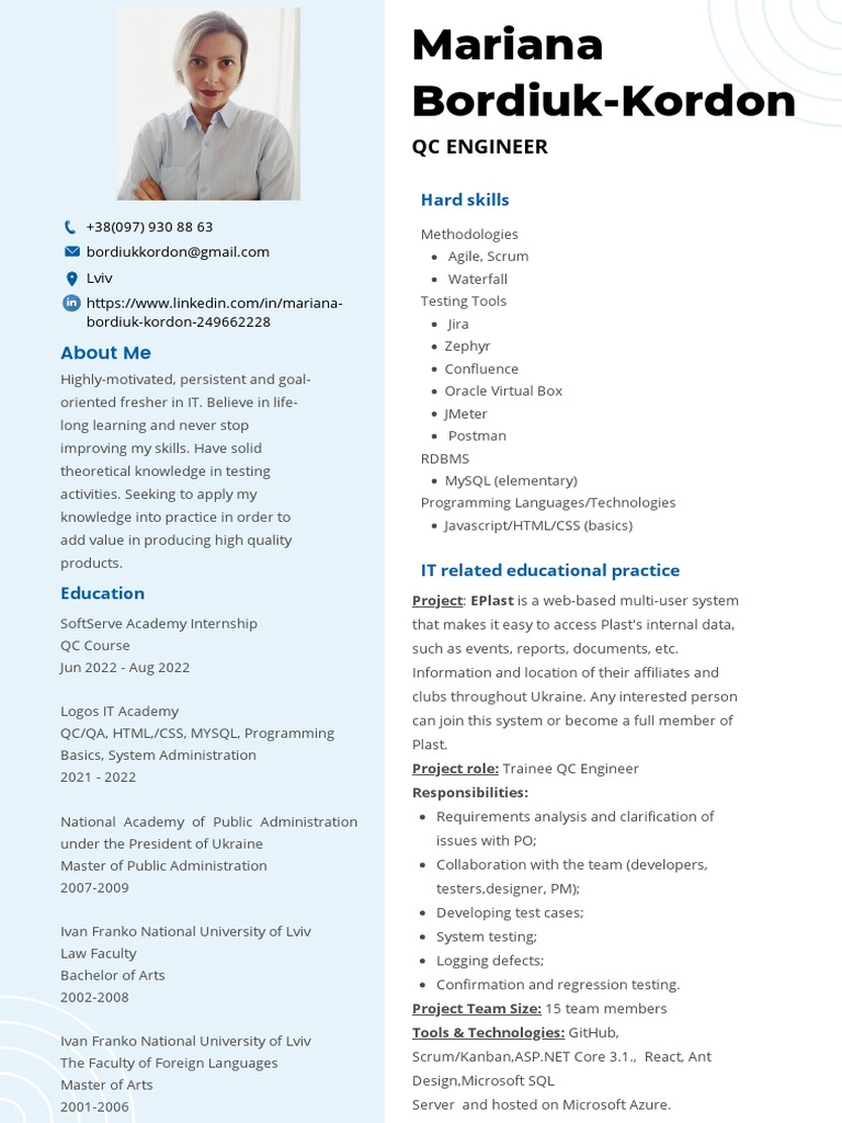 CV - Mariana Bordiuk-Kordon - QC | PDF | My Sql | Computer Engineering