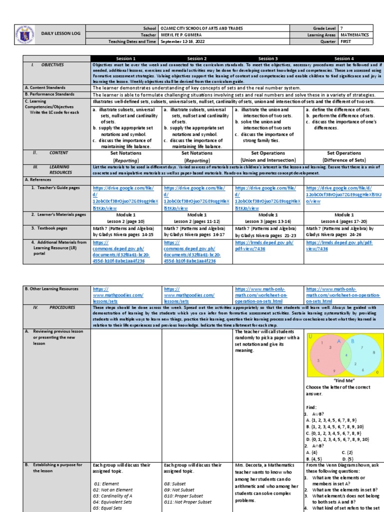 Daily Lesson Log: Session 1 Session 2 Session 3 Session 4 | PDF | Set (Mathematics) | Behavior ...