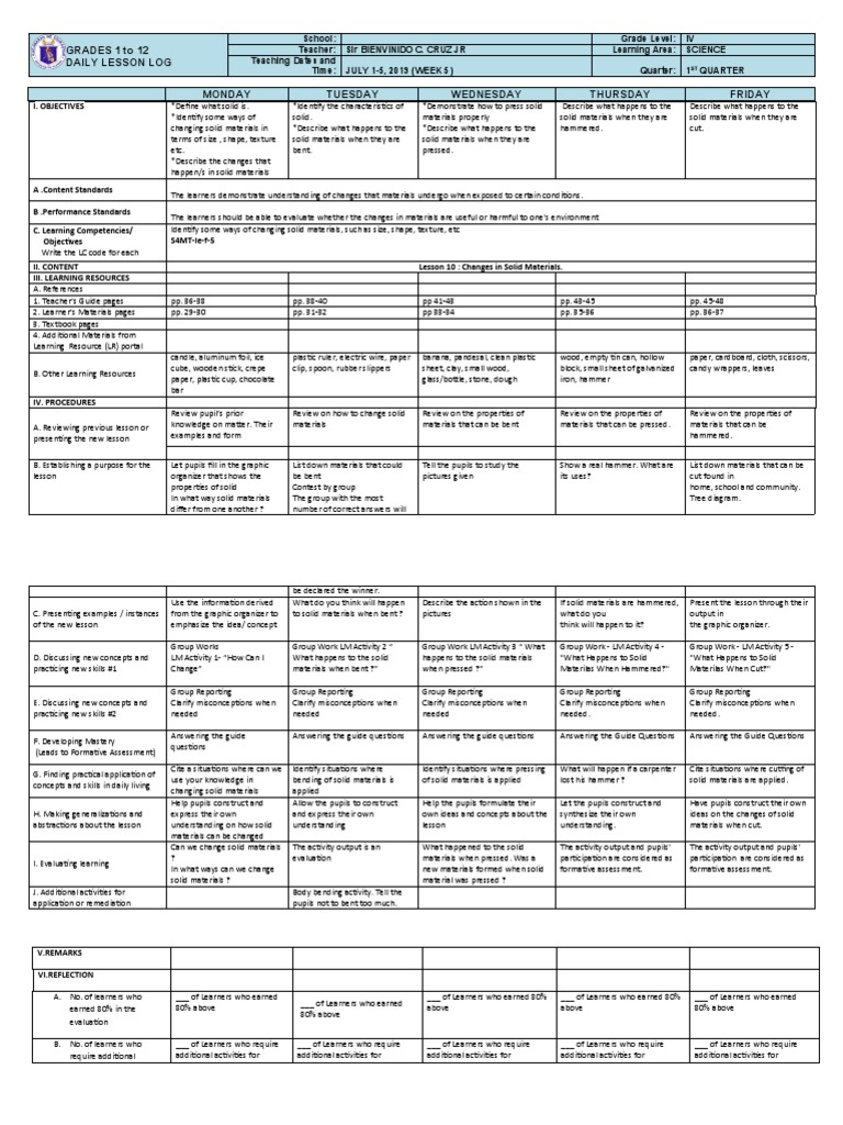 DLL - Science 4 - Q1 - W5 | PDF | Learning | Teachers