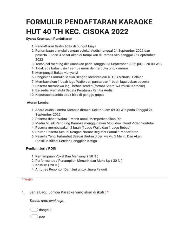 Formulir Pendaftaran Karaoke Hut 40 TH Kec. Cisoka 2022 | PDF | Seni