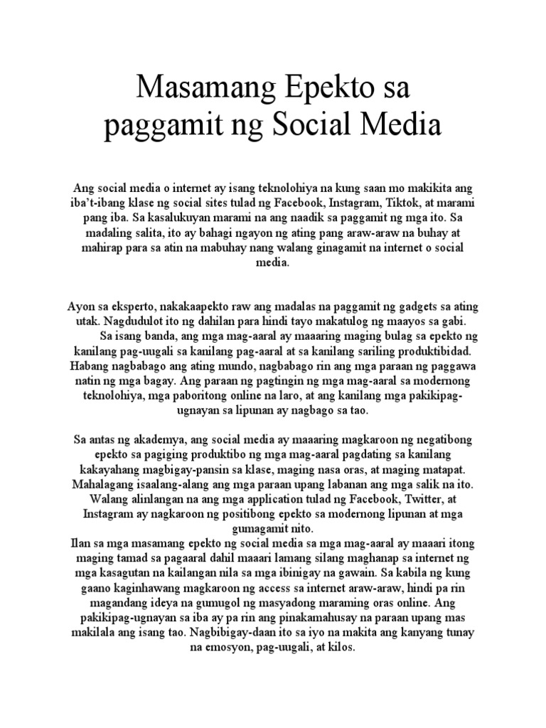 Masamang Epekto Sa Paggamit NG Social Media | PDF