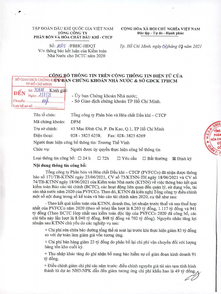 DPM Thong Bao Ket Luan Cua Kiem Toan Nha Nuoc Cho BCTC Nam 2020 | PDF