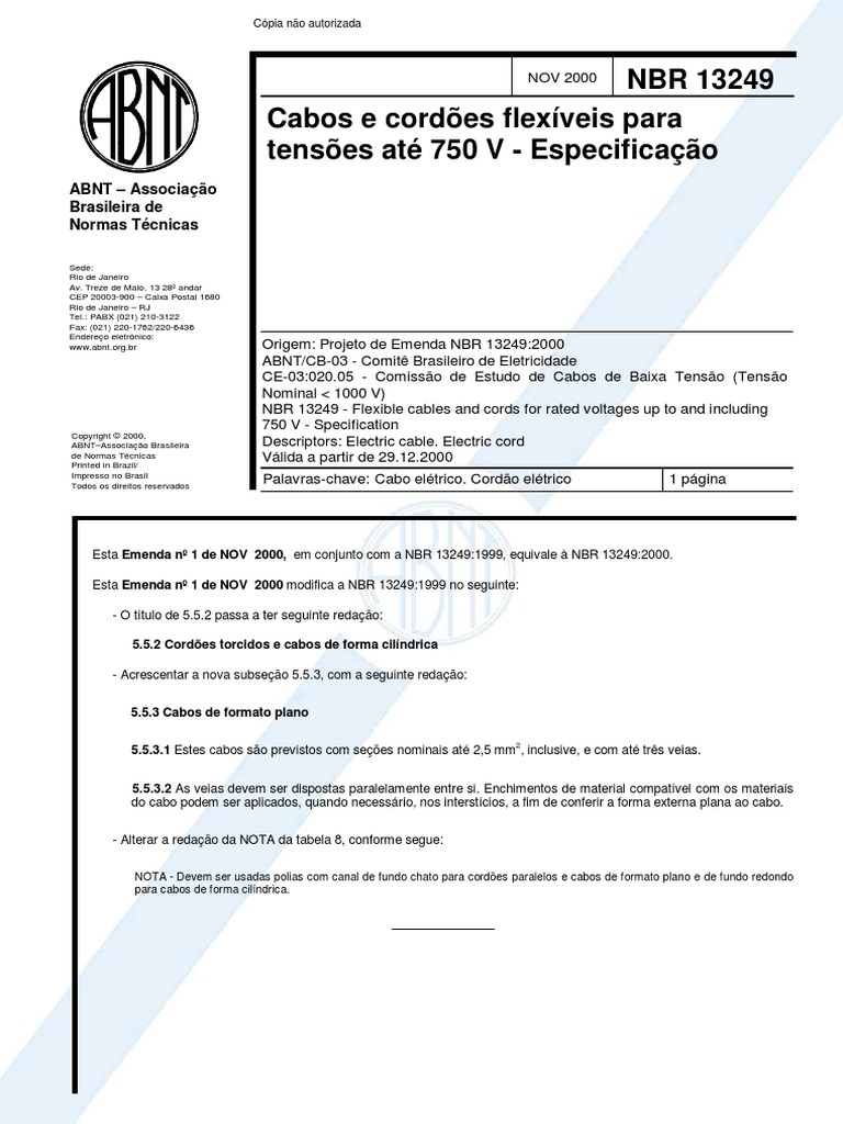 NBR 13249 - Cabos e Cordoes Flexiveis para Tensoes Ate 750 V ...
