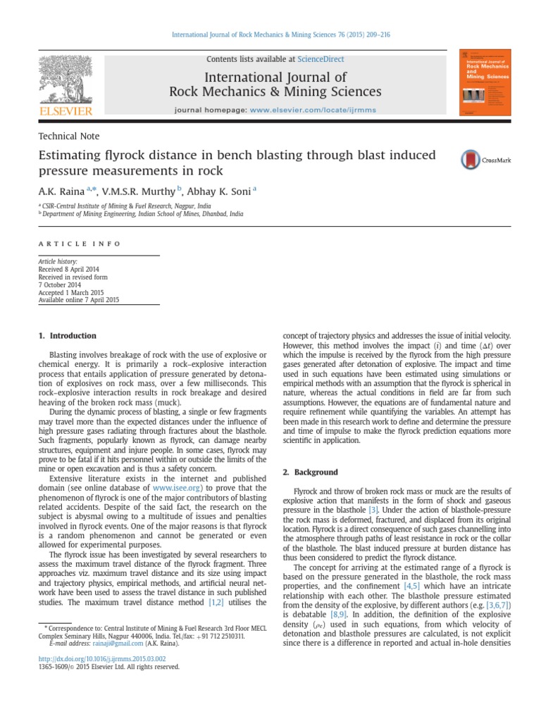 Estimating Flyrock Distance in Bench Blasting Through Blast Induced Pressure Measurements in ...