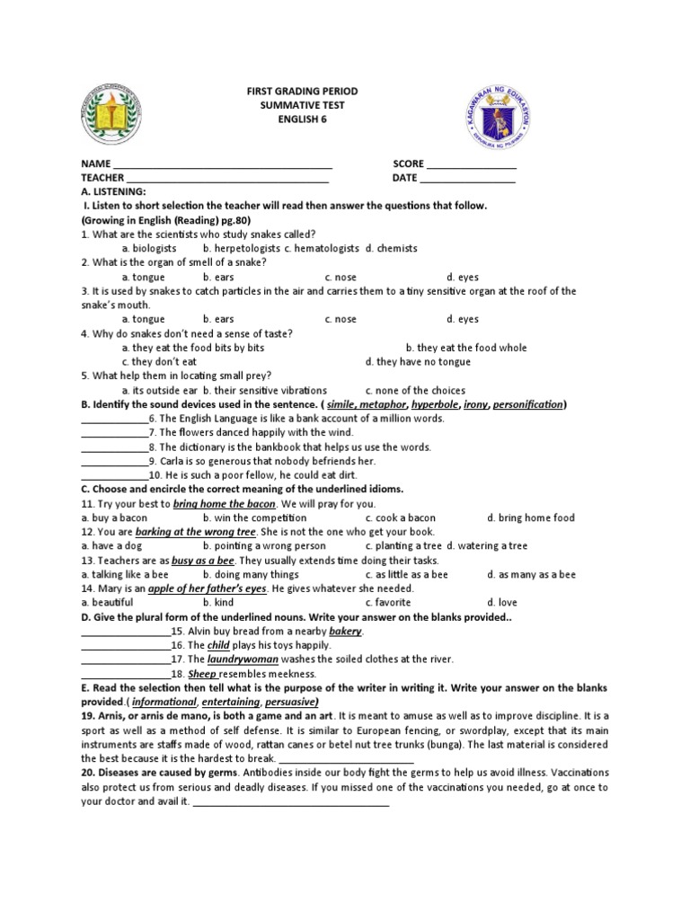 ENGLISH 6 Summative Test | PDF | Linguistics
