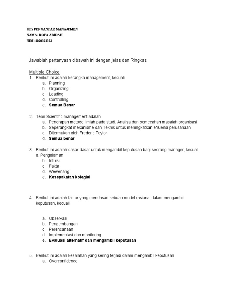 Jawaban Uts Pengantar Manajemen | PDF | Karier & Perkembangan | Bisnis