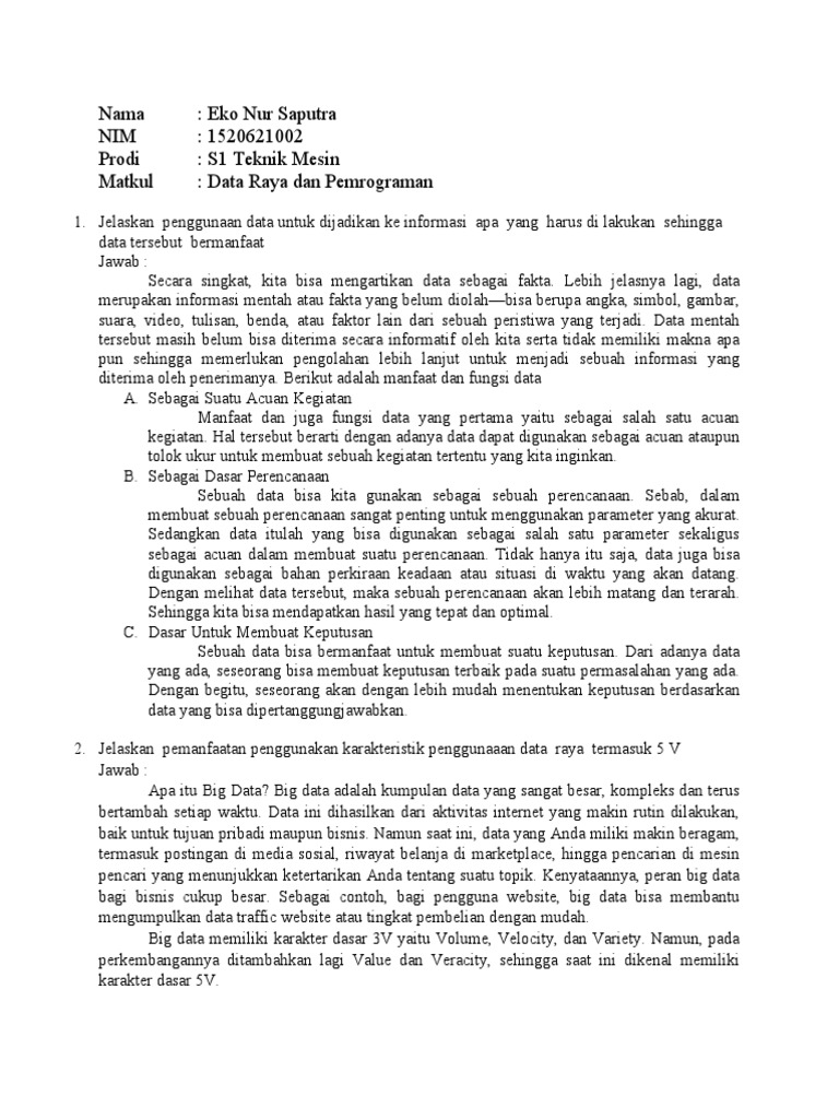 Tugas4 Data Raya Dan Pemrograman - Eko Nur Saputra - 1520621002 | PDF | Komputer