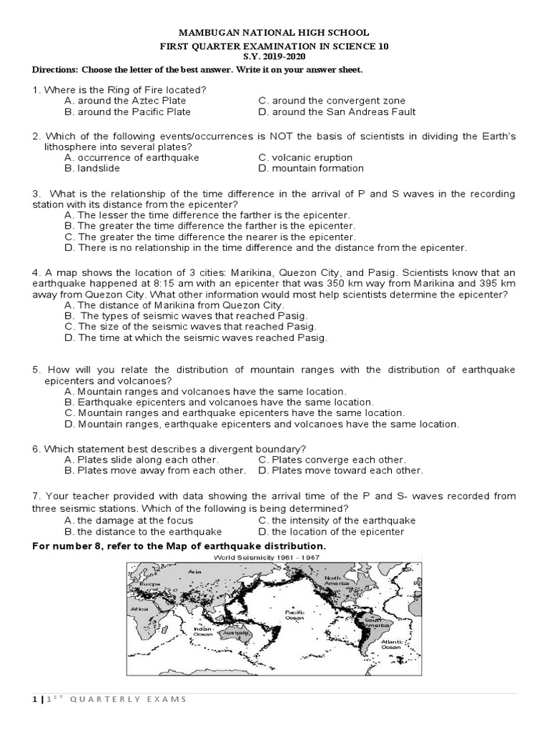 Grade 10 1st Quarterly Test | PDF | Plate Tectonics | Earthquakes
