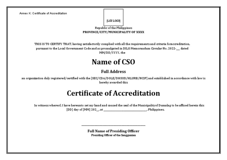Annex K Certificate of Accreditation Editable | PDF