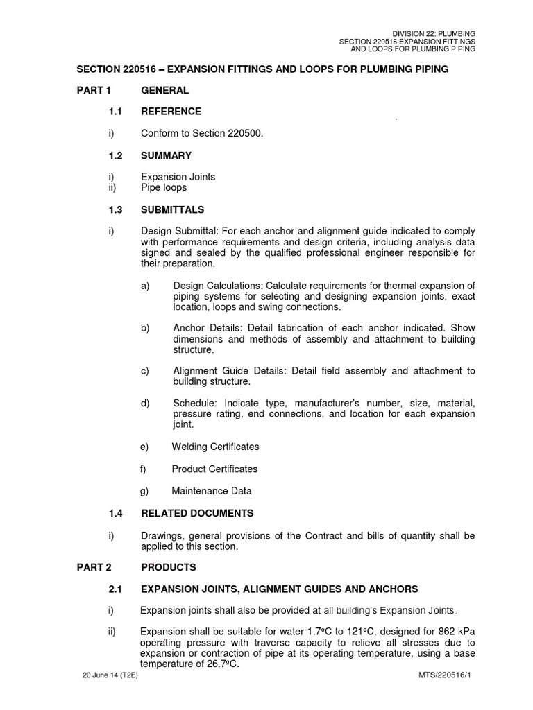 Section-220516 Expansion Fittings and Loops For Plumbing Piping Rev 1 ...