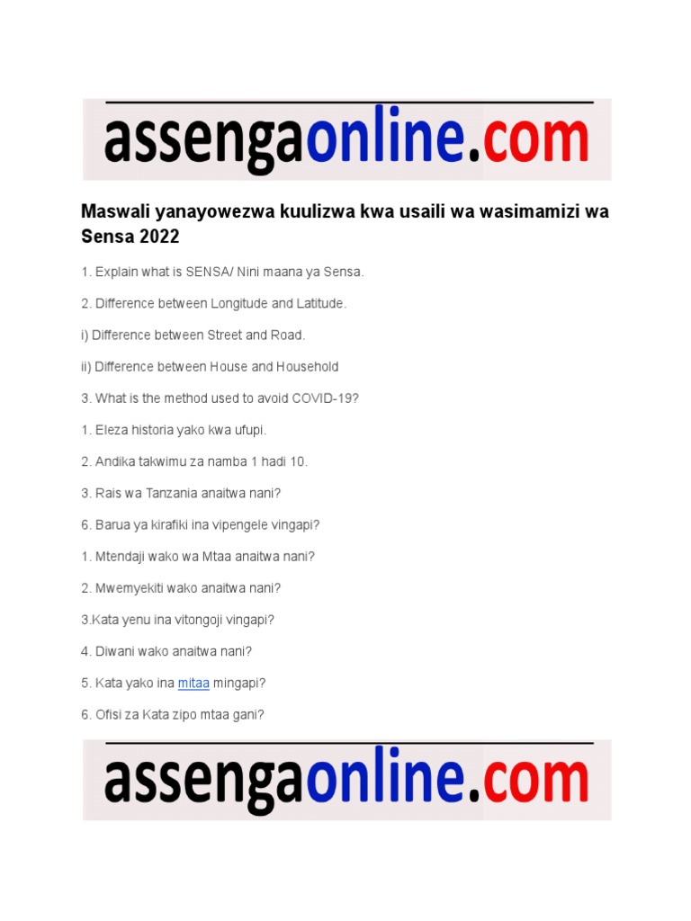 Maswali Ya Interview Za Sensa 2022 | PDF