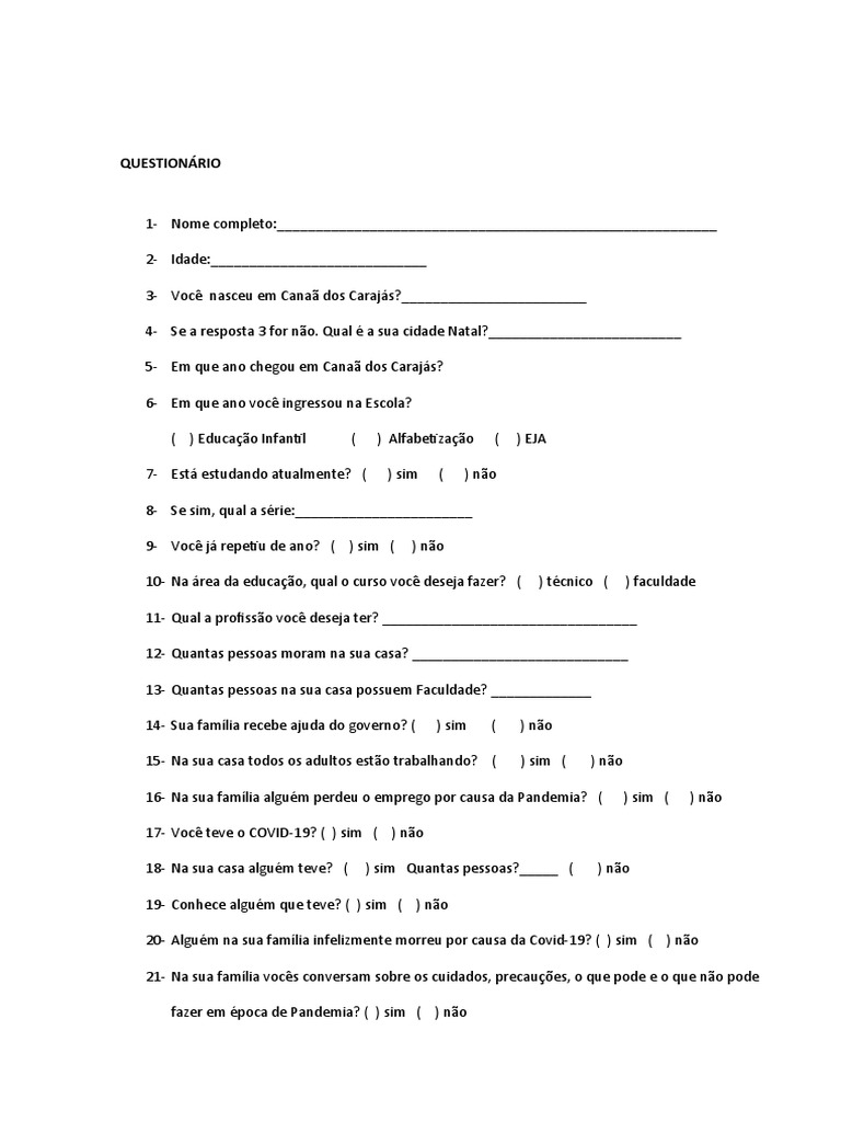 Modelo QUESTIONÁRIO para Pesquisa | PDF