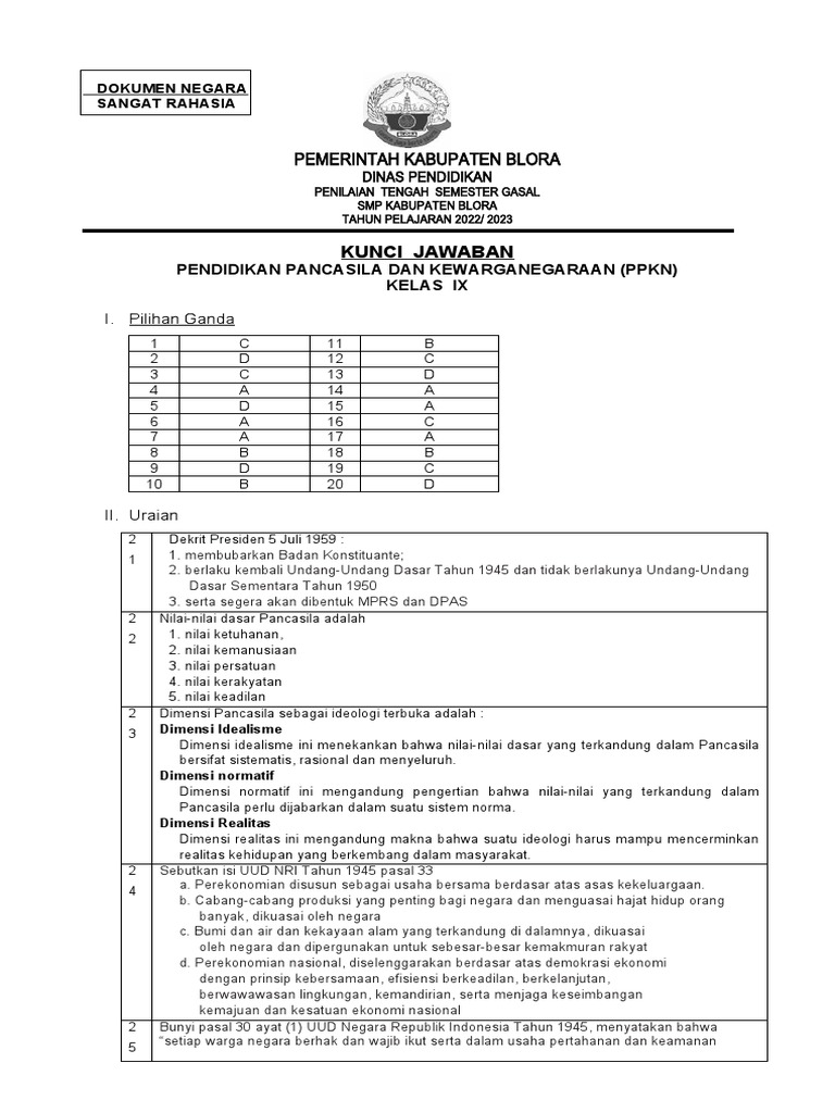Kunci PTS PKN Kelas 9 | PDF