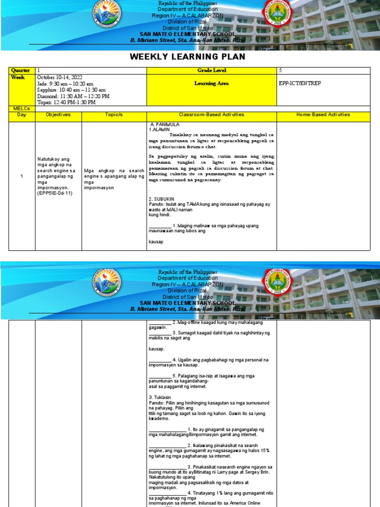 Idea Epp Weekly Learning Plan W6 | PDF