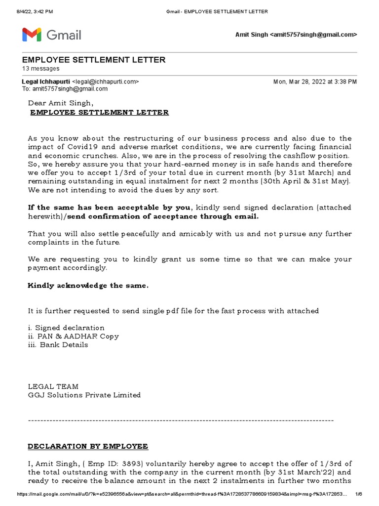 Gmail - EMPLOYEE SETTLEMENT LETTER | PDF | Justice | Crime & Violence