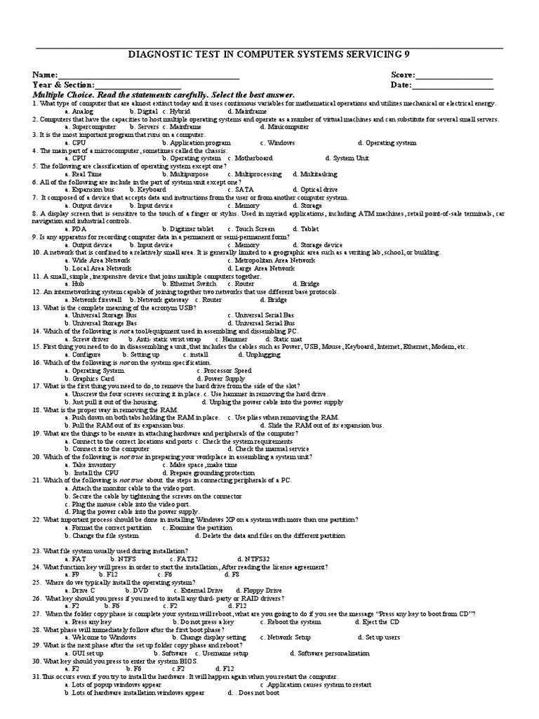Diagnostic Test Comp 9css | PDF | Electrical Resistance And Conductance ...
