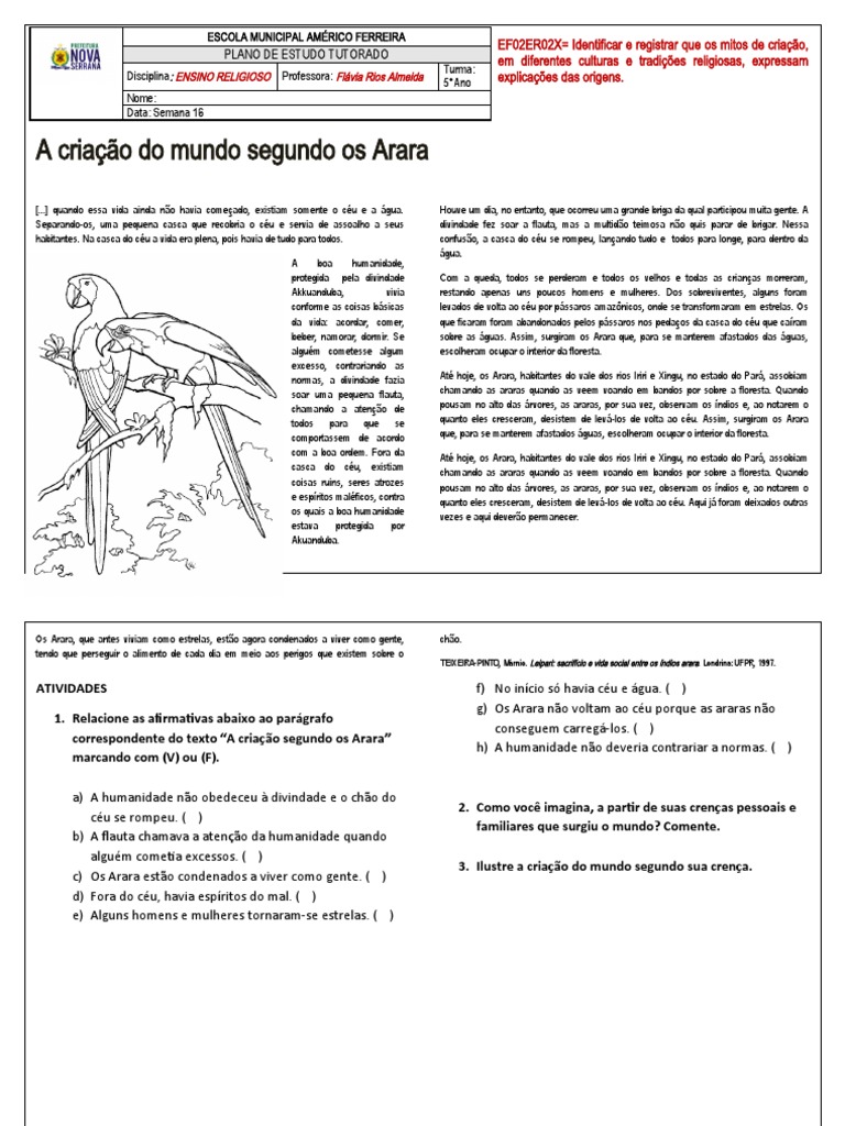 5º Ano - Semana 16 - Mito de Criação Dos Arara | PDF | Vida | Céu