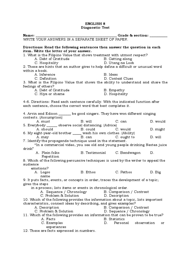 Grade 8 Diagnostic Test | PDF | Experience | Clause Grade 8 Diagnostic Test | PDF | Experience | Clause
