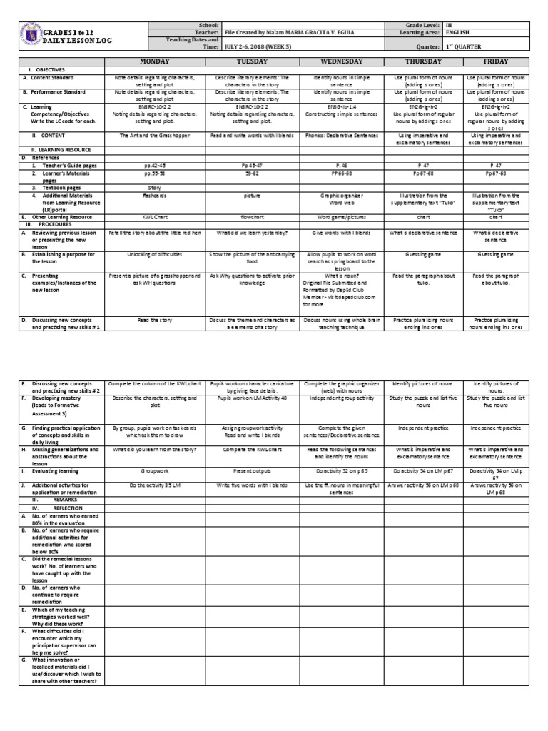 DLL - English 3 - Q1 - W5 | PDF