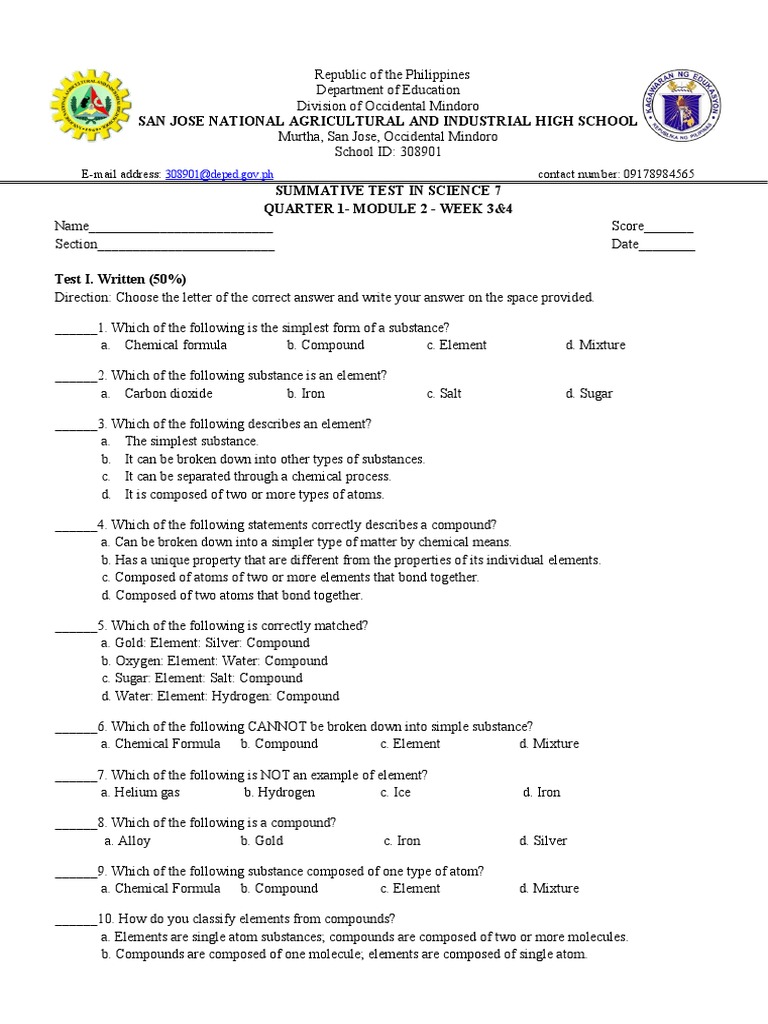 Summative Assessment Q1 Wk3&4 | PDF | Chemical Compounds | Chemical Substances
