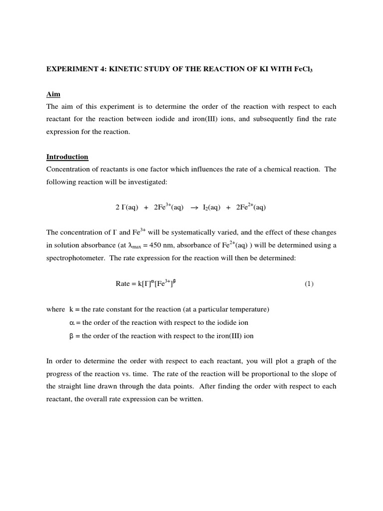 Kinetic Study of the Iodide-Iron Reaction | PDF | Chemical Kinetics ...