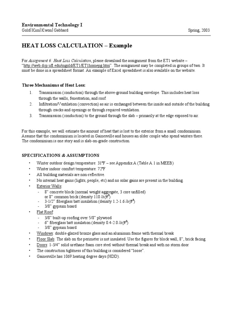 Heat Loss Calculation - Example: Environmental Technology I | PDF ...