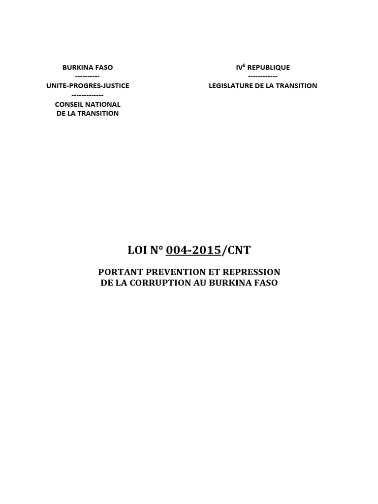 Loi 004 2015 Prevention Repression Corruption BF | PDF