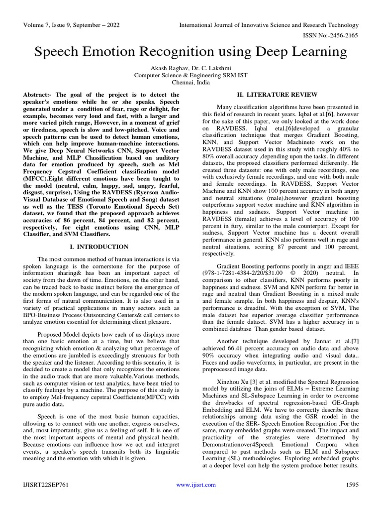 Speech Emotion Recognition Using Deep Learning Pdf Cognitive