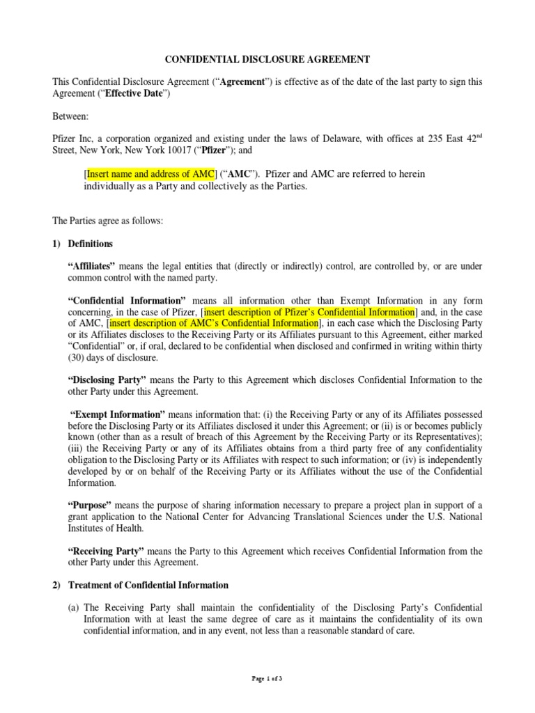 NTU CDA Pfizer - Template | PDF | Confidentiality | Discovery (Law)