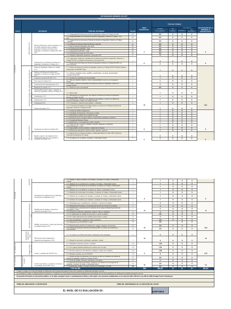 Tabla de Valores y Calificación SGSST | PDF