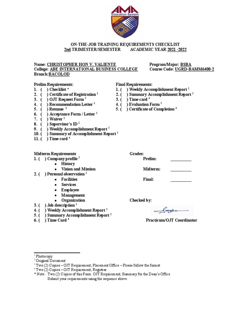 001 - OJT Requirement Checklist | PDF