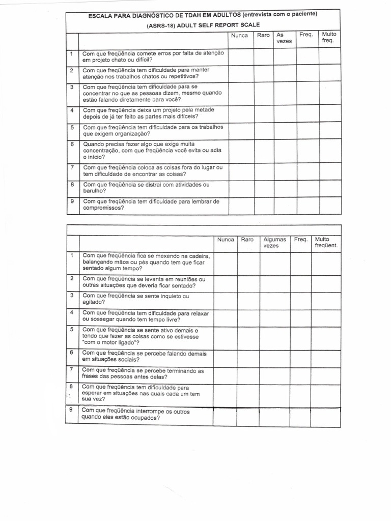 ASRS 18 - Escala para Diagnóstico de TDAH em Adultos | PDF