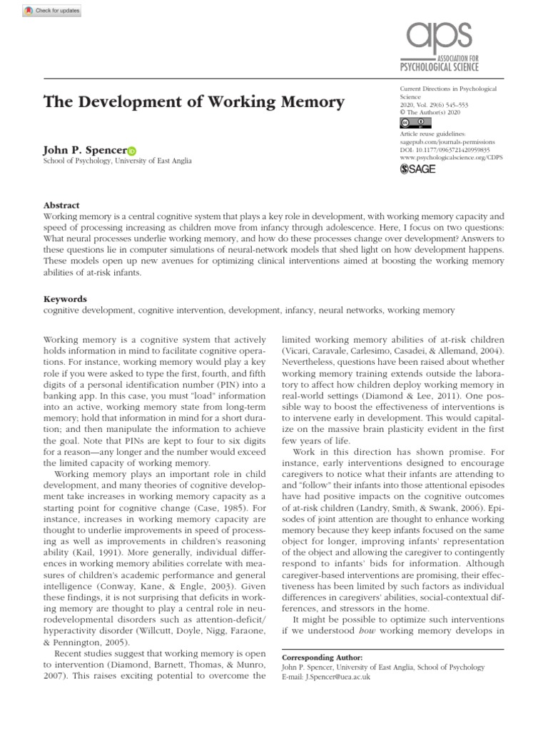 The Development of Working Memory: John P. Spencer | PDF | Working Memory | Memory