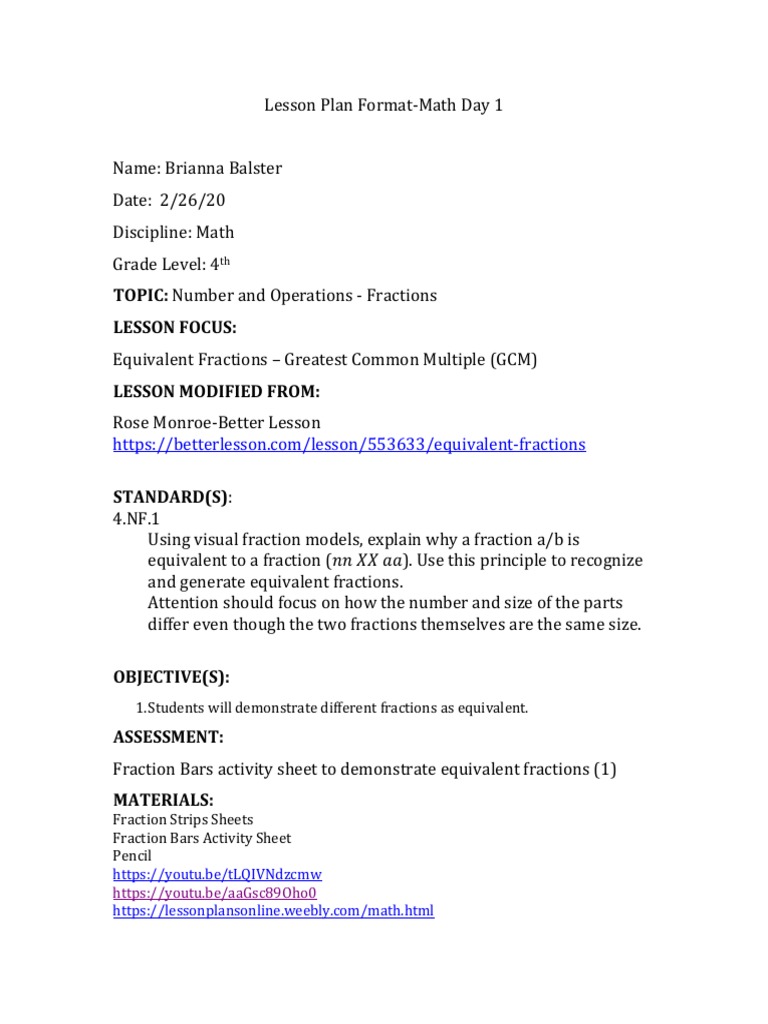 4th Grade Equivalent Fractions Lesson Plan | PDF | Cognitive Science ...