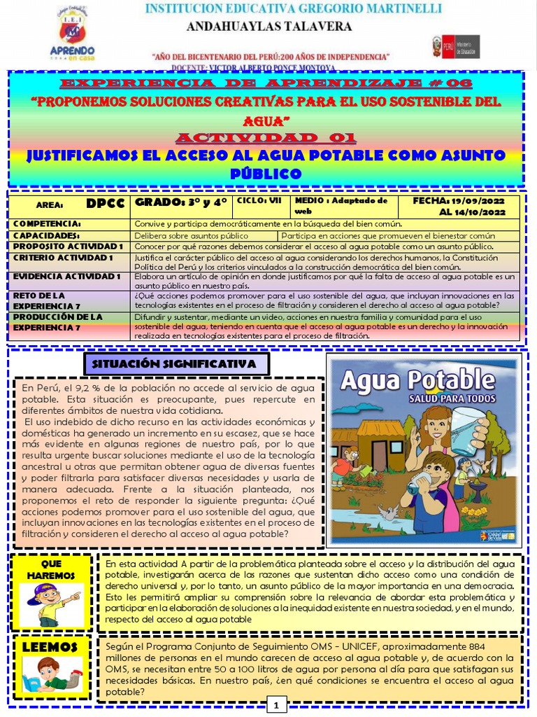 DPCC 3° y 4° Experiencia 6 Sesion 1 | PDF | Agua | Perú