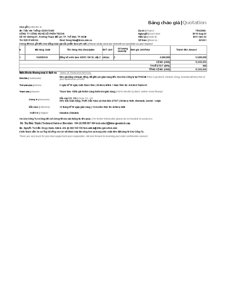Mau Bao Gia Tecon 2022 | PDF