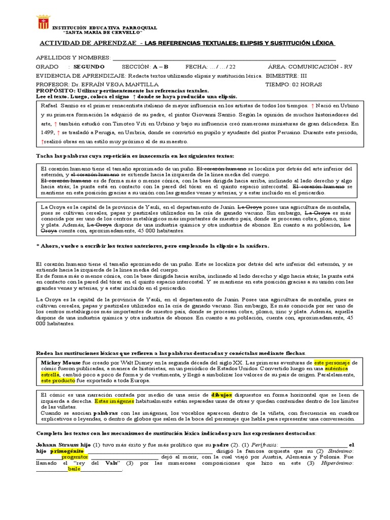Activ Aprendizaje 4 Iii Bim - 4ab-Las Referencias Textuales - Elipsis y Sustituciones | PDF ...