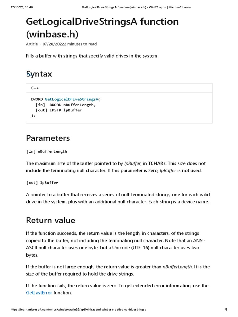 GetLogicalDriveStringsA Function (Winbase.h) - Win32 Apps - Microsoft Learn | PDF | String ...