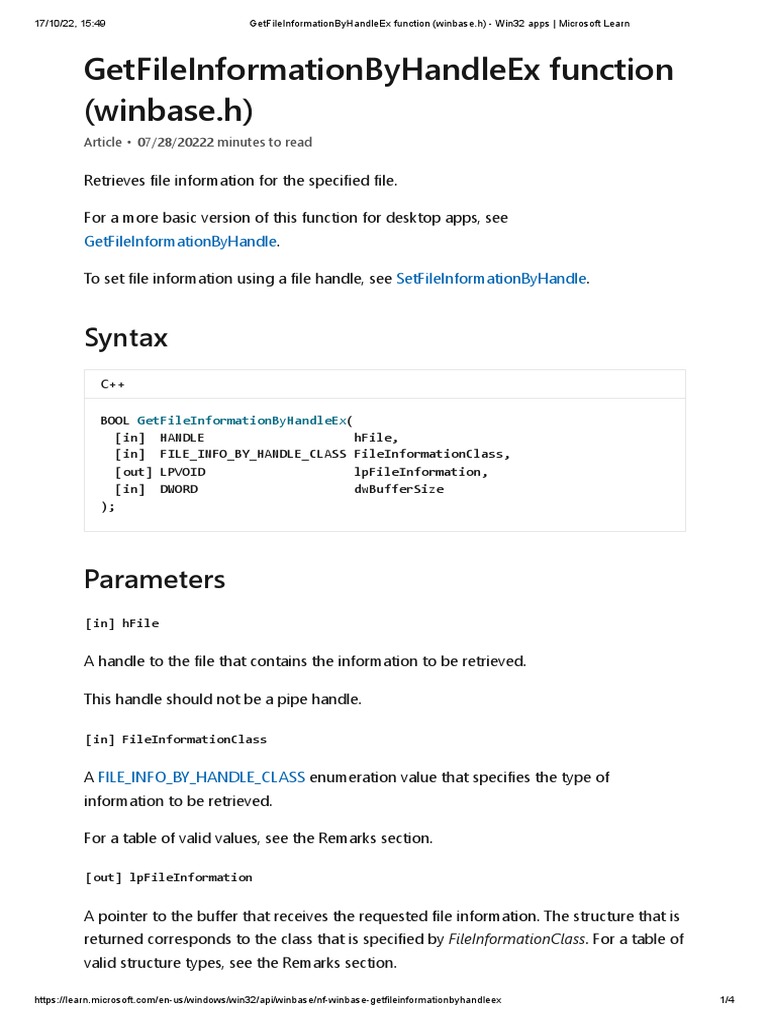GetFileInformationByHandleEx Function (Winbase.h) - Win32 Apps - Microsoft Learn | PDF