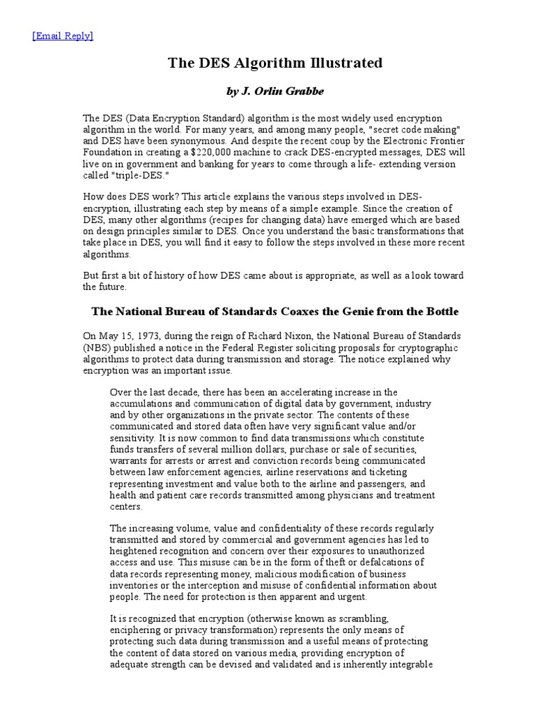 The DES Algorithm Illustrated: by J. Orlin Grabbe | PDF | Encryption | Cryptography