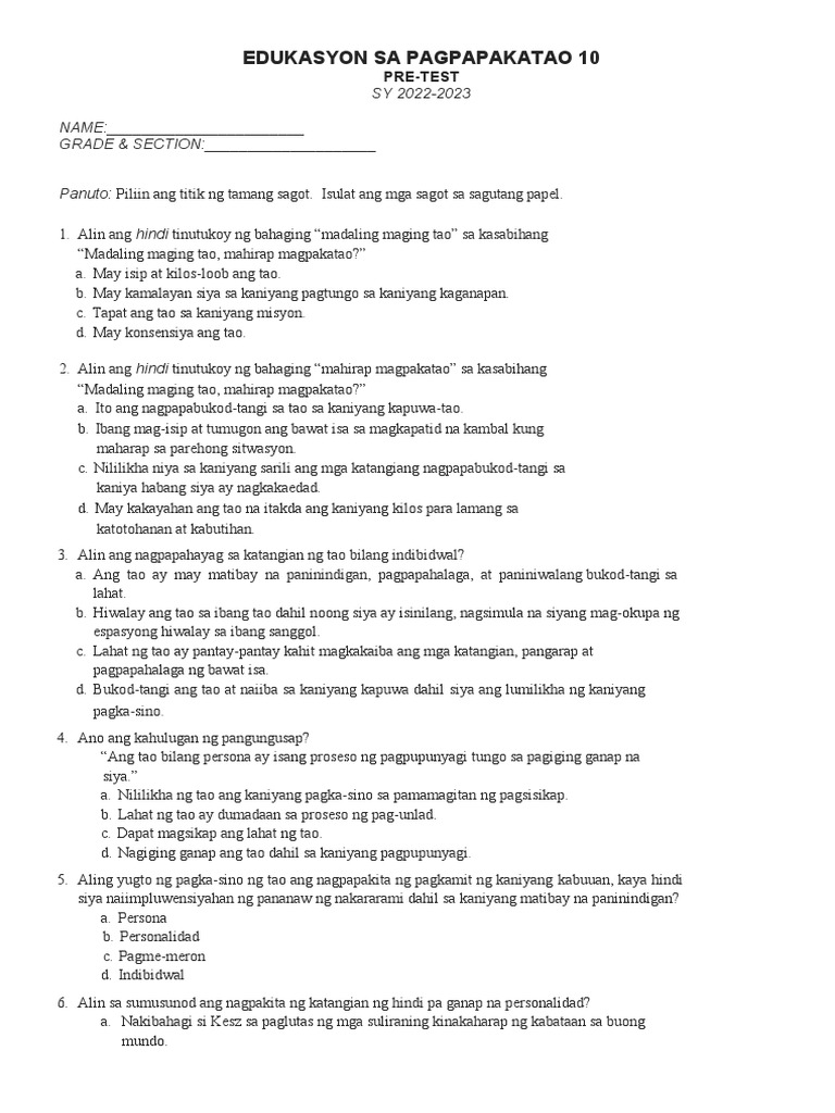 EDUKASYON SA PAGPAPAKATAO 10 Pre Test | PDF