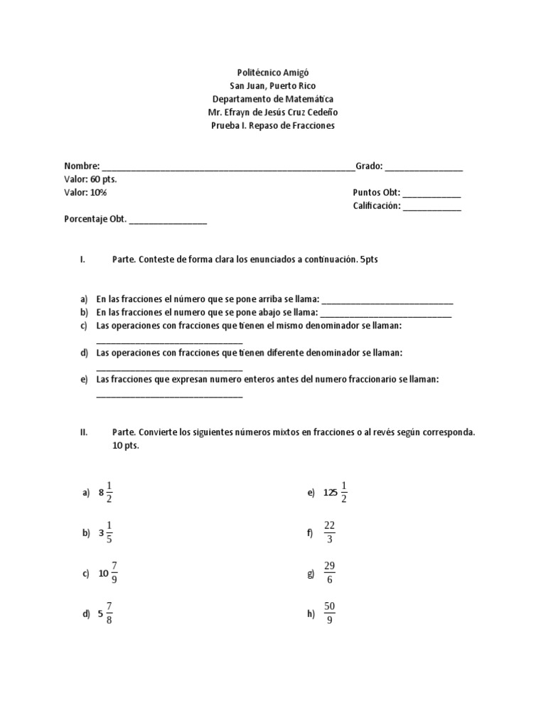 Examen de Fracciones | PDF | Álgebra abstracta | Teoría de los números