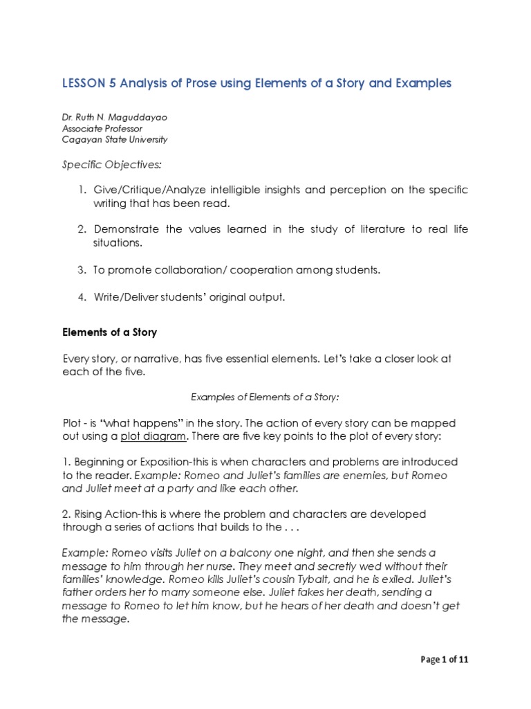 Lesson 5 Analysis of Prose Using Elements of A Story and Examples | PDF | Narration | Romeo And ...