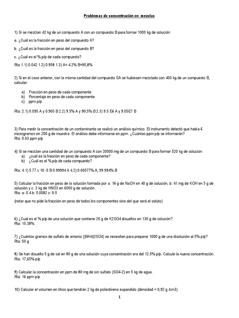 2 - Ejercicios de Concentración | PDF | Concentración | Química